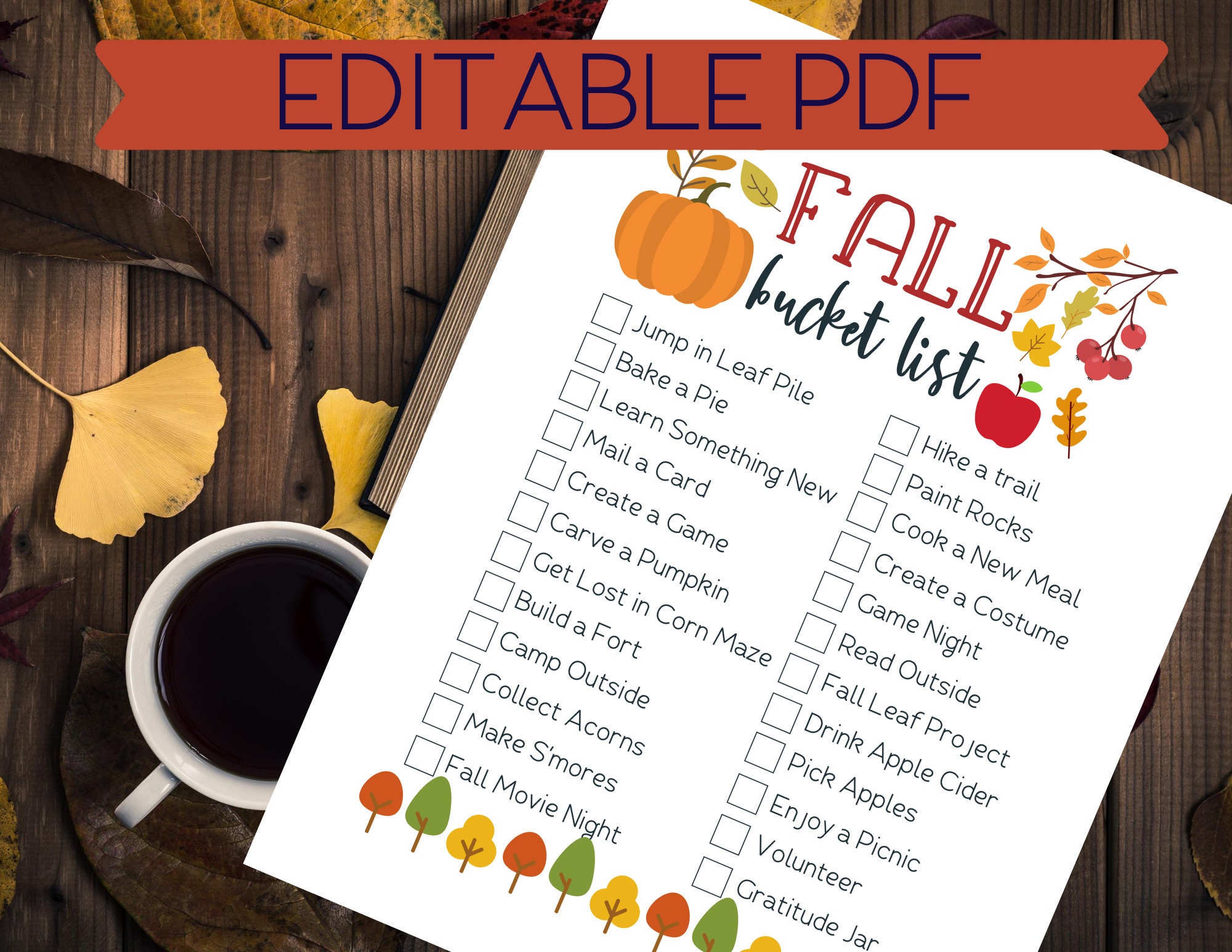 Printable Fall Bucket List EDITABLE PDF * Digital Download of Autumn ...