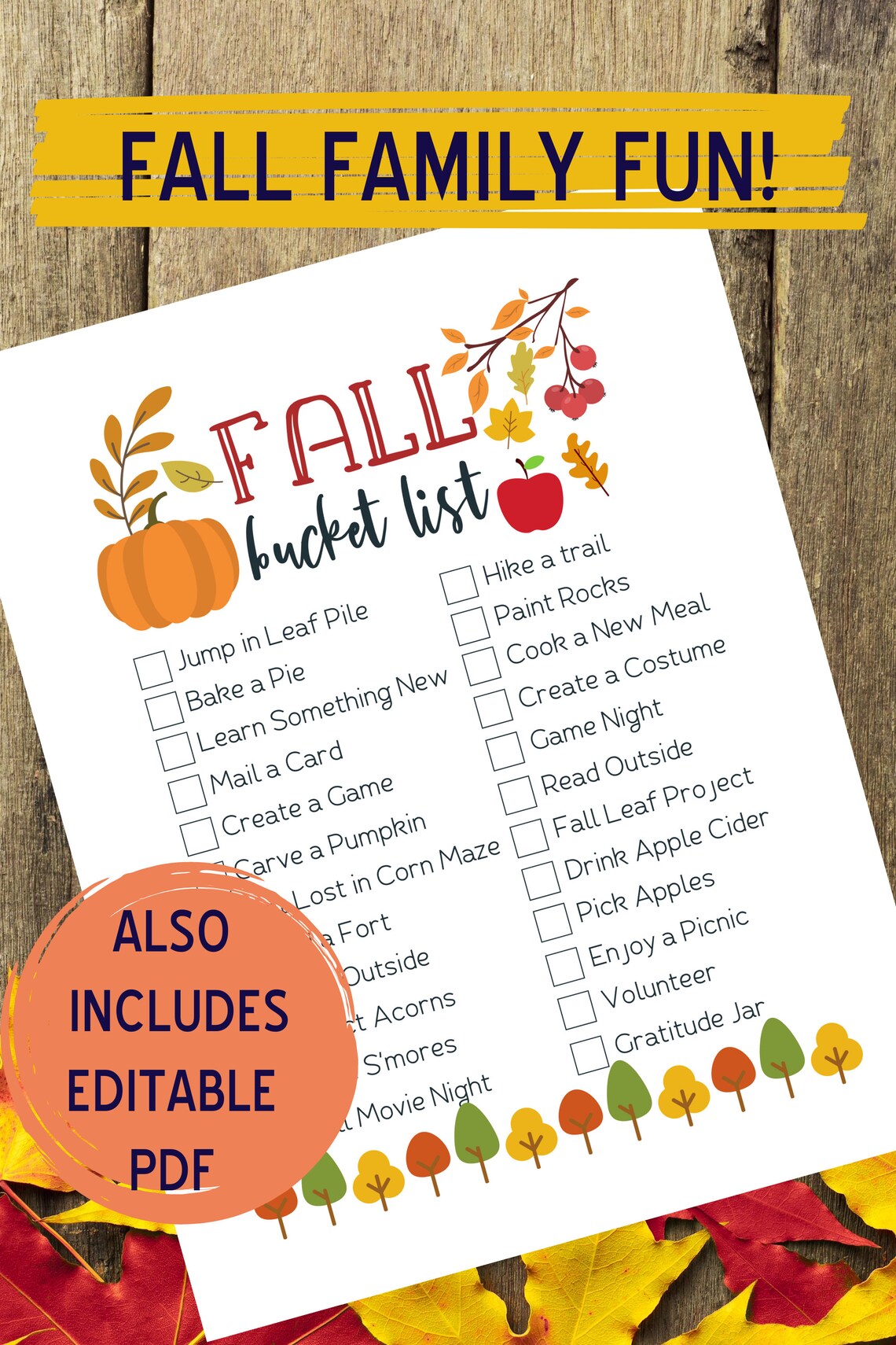 Printable Fall Bucket List EDITABLE PDF * Digital Download of Autumn ...