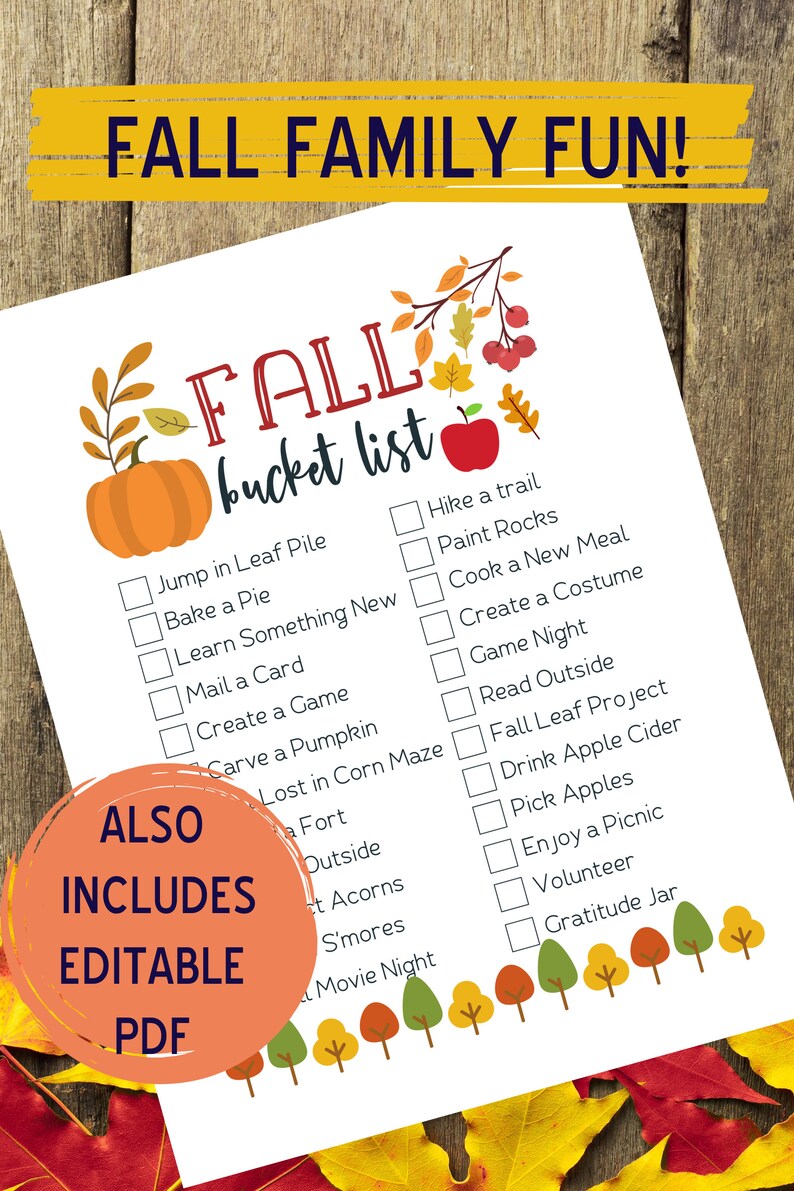 Printable Fall Bucket List EDITABLE PDF * Digital Download of Autumn ...