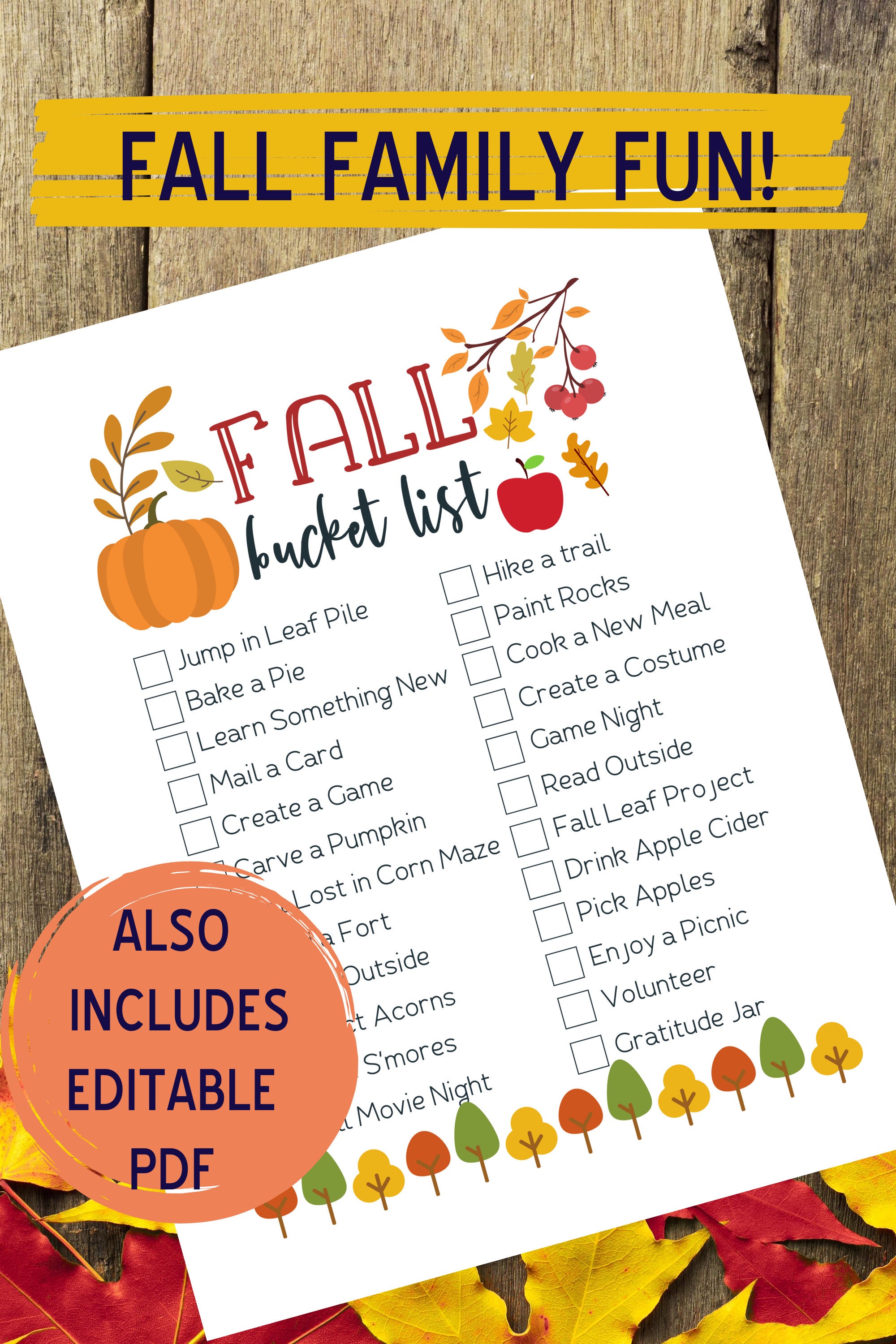 Printable Fall Bucket List EDITABLE PDF * Digital Download of Autumn ...