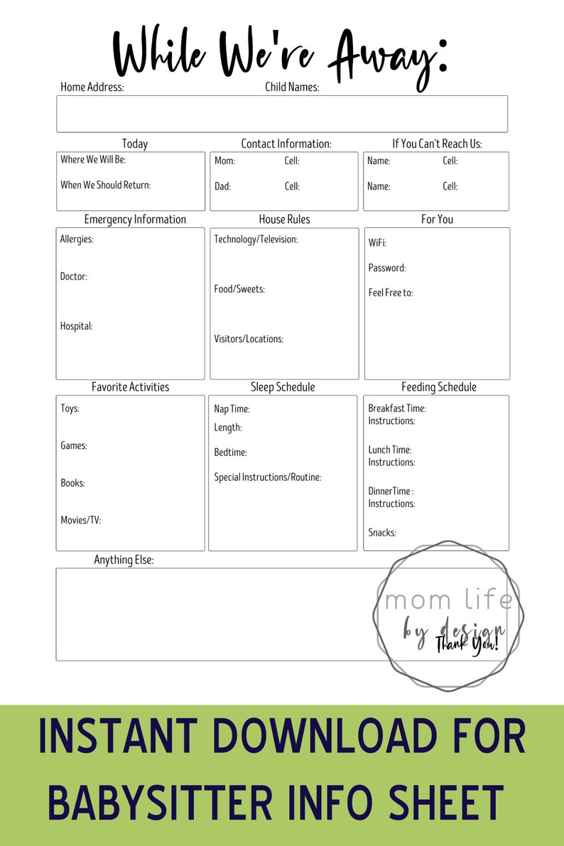 Printable Babysitter Guide With Emergency Contact Information, While We ...