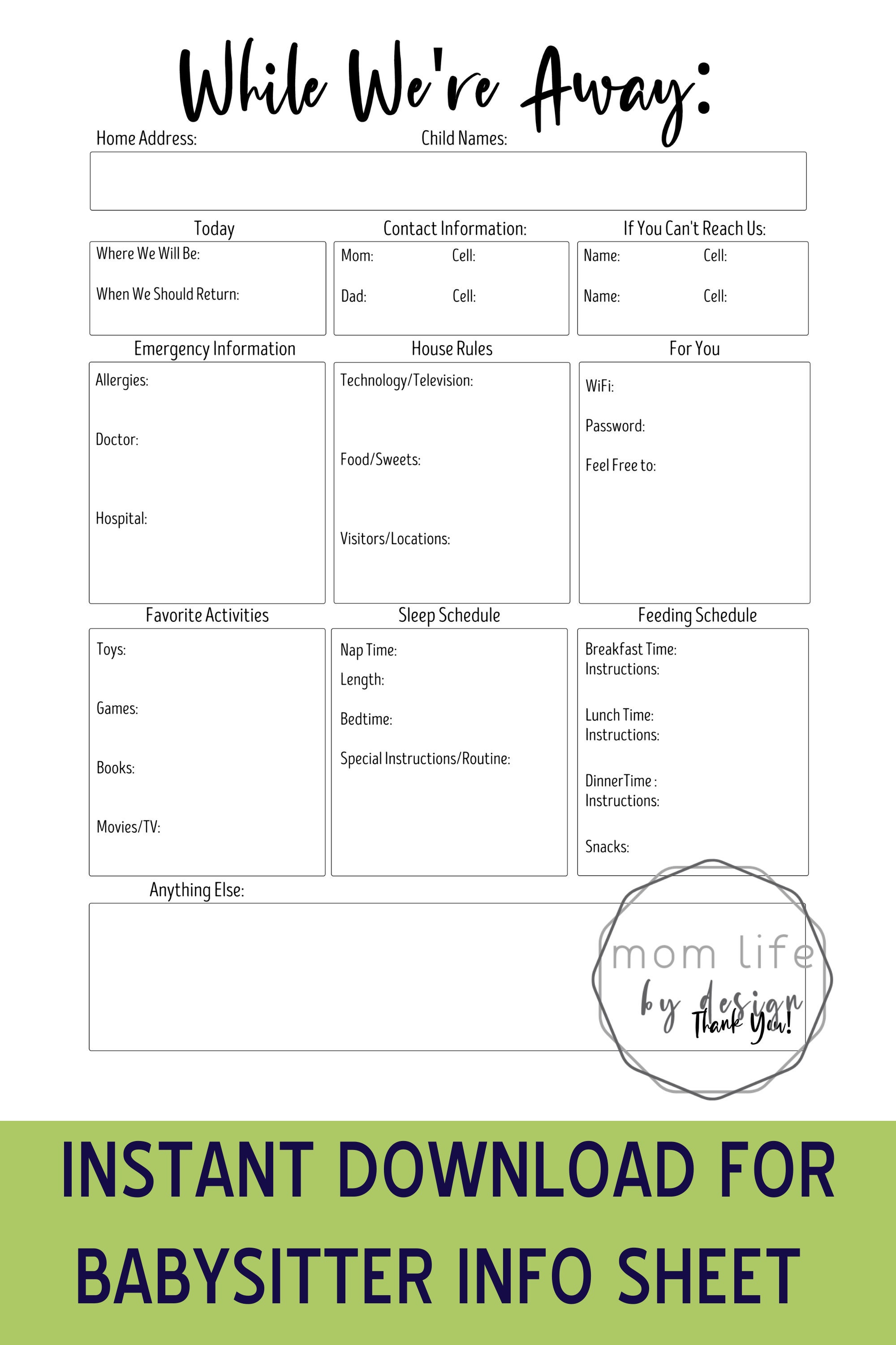 Printable Babysitter Guide With Emergency Contact Information, While We ...