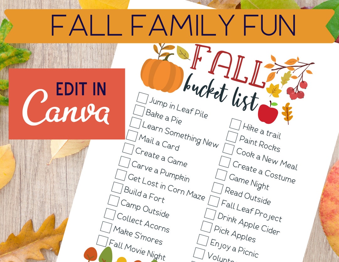 Editable Fall Bucket List for Kids, Family Fun Games Activity Planner ...