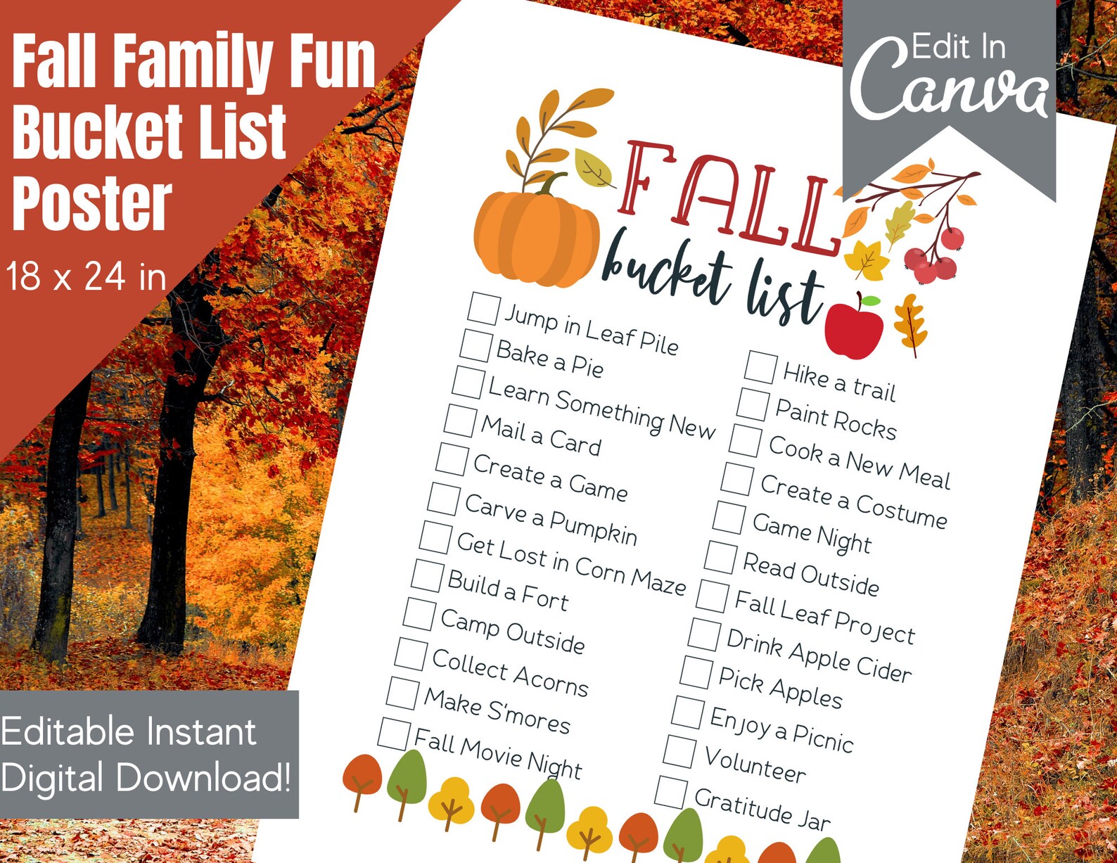 Editable Fall Bucket List Printable Poster, Seasonal Bucket List With ...