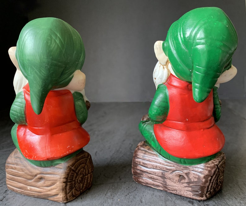 Set of Two Christmas Ceramic Elves Sitting on Tree Stump | Etsy