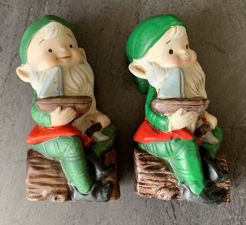 Set of Two Christmas Ceramic Elves Sitting on Tree Stump Holding Boat ...