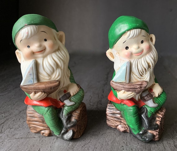 Set of Two Christmas Ceramic Elves Sitting on Tree Stump | Etsy