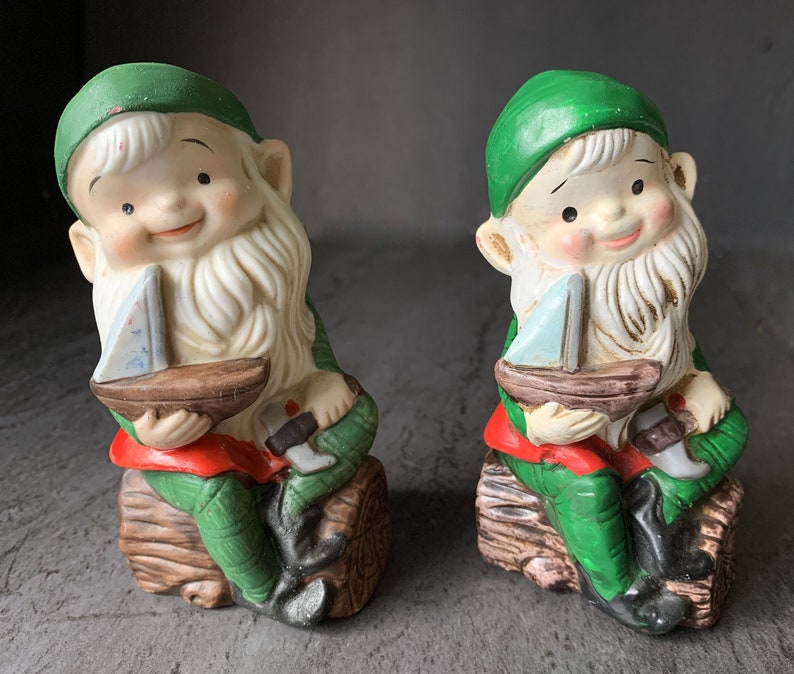 Set of Two Christmas Ceramic Elves Sitting on Tree Stump - Etsy