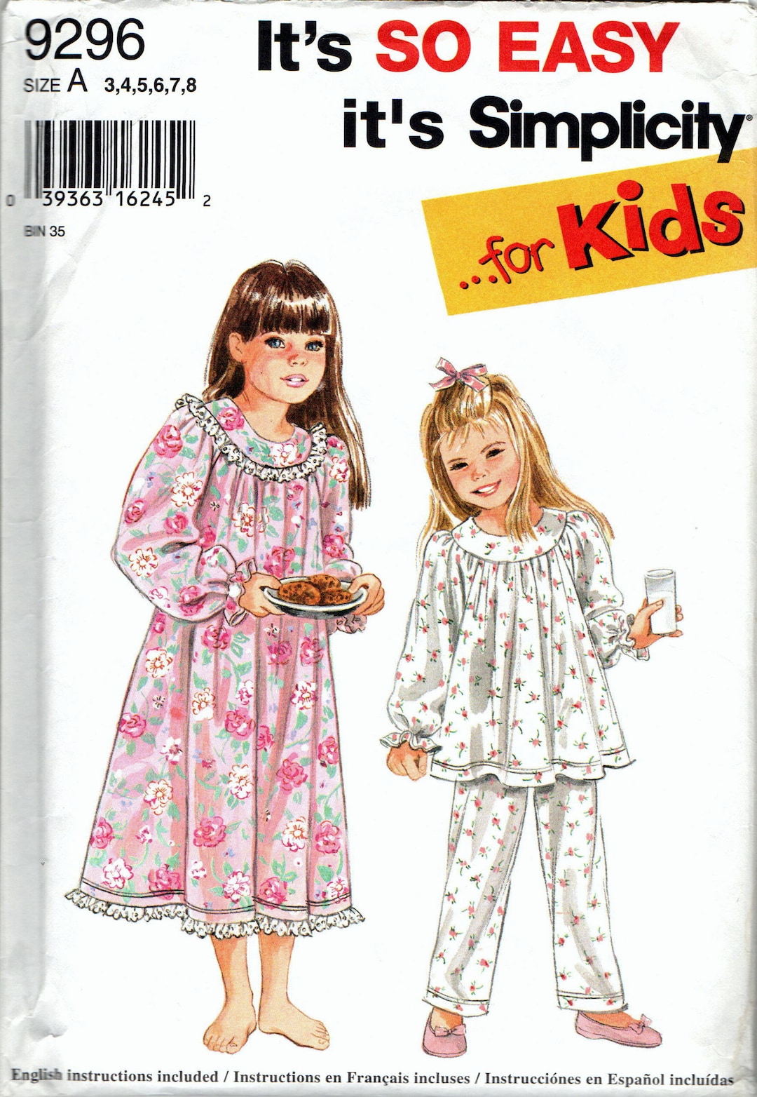 Child's Nightgown and Pajamas Sewing Pattern Simplicity 9296 Sizes 3-4 ...