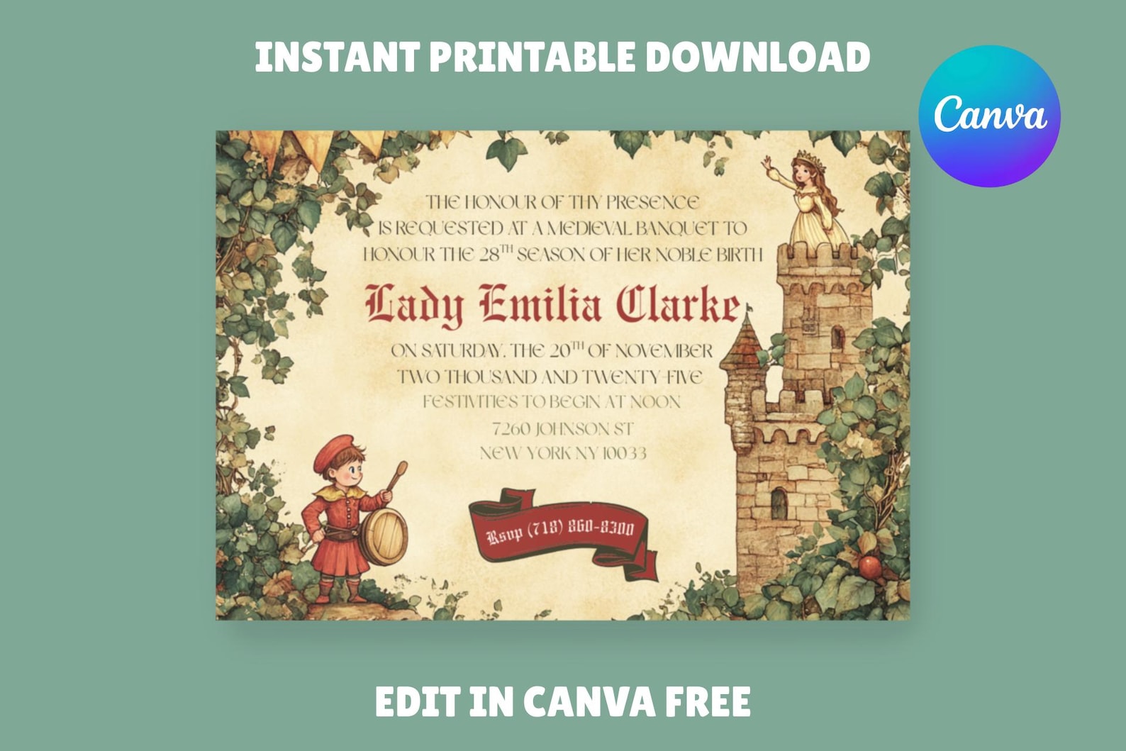 Printable Medieval Birthday Invitation, Renaissance Party, Canva ...