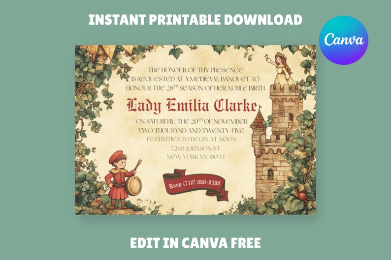 Printable Medieval Birthday Invitation, Medieval Party Invitation ...