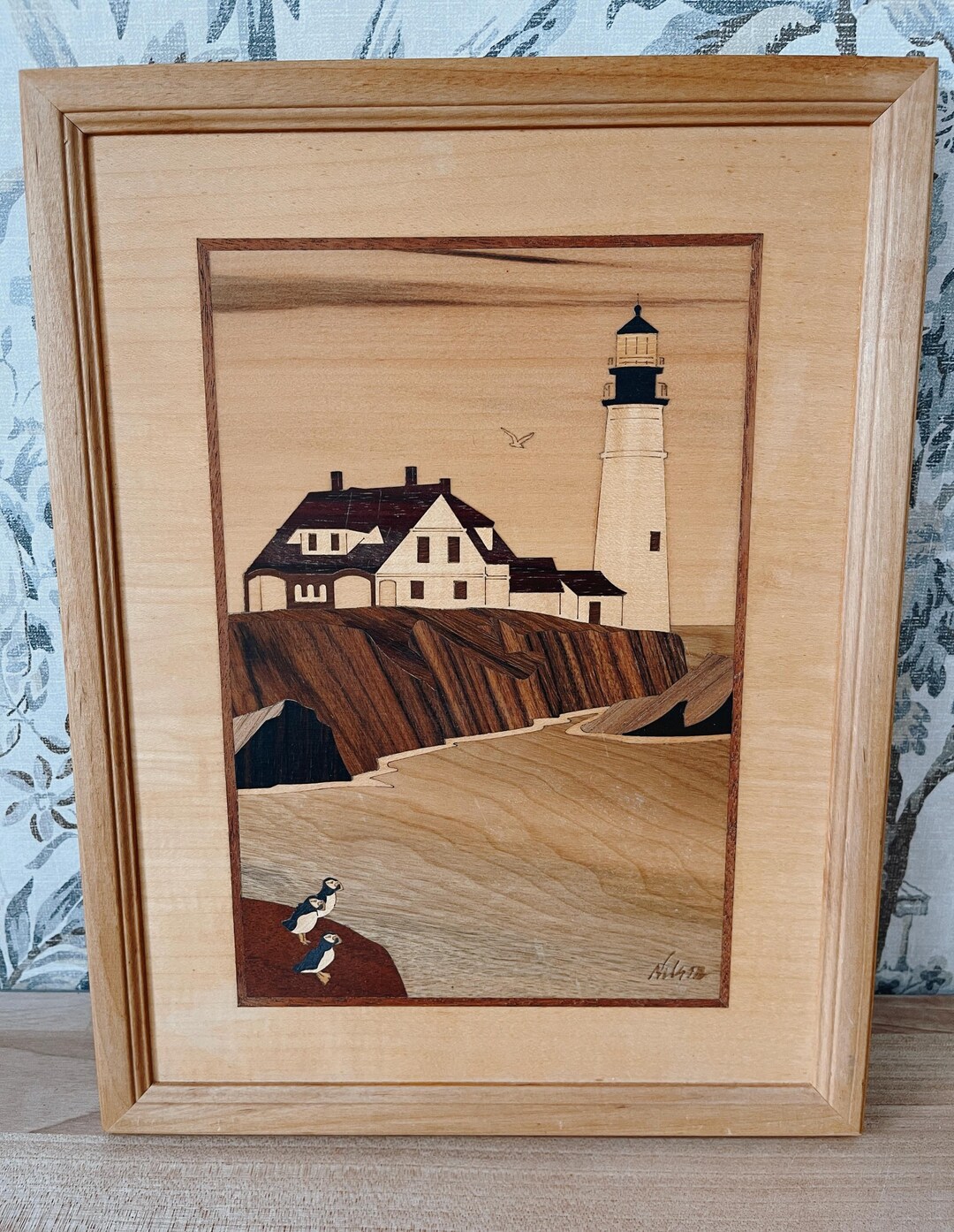 Signed Hudson River Inlay “portland Head Lighthouse” Wood Marquetry ...