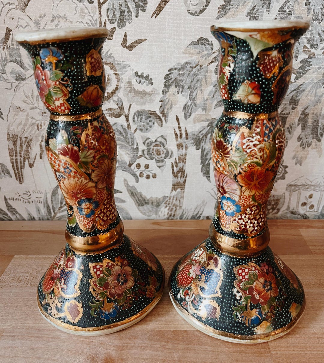 Vintage Satsuma Moriage Candlesticks – Pair – Mid Century Chinese ...