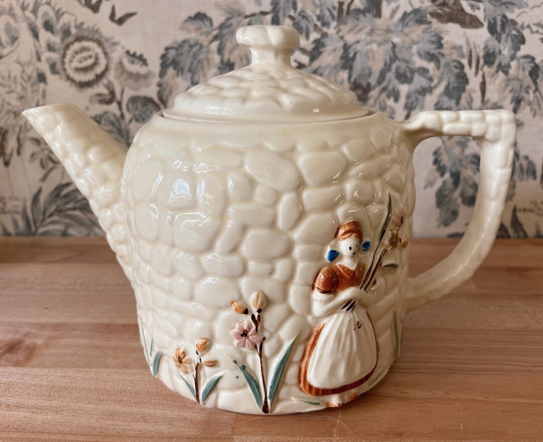 Vintage Porcelier Teapot: Embossed Stone Cottage, Hand-painted Dutch ...