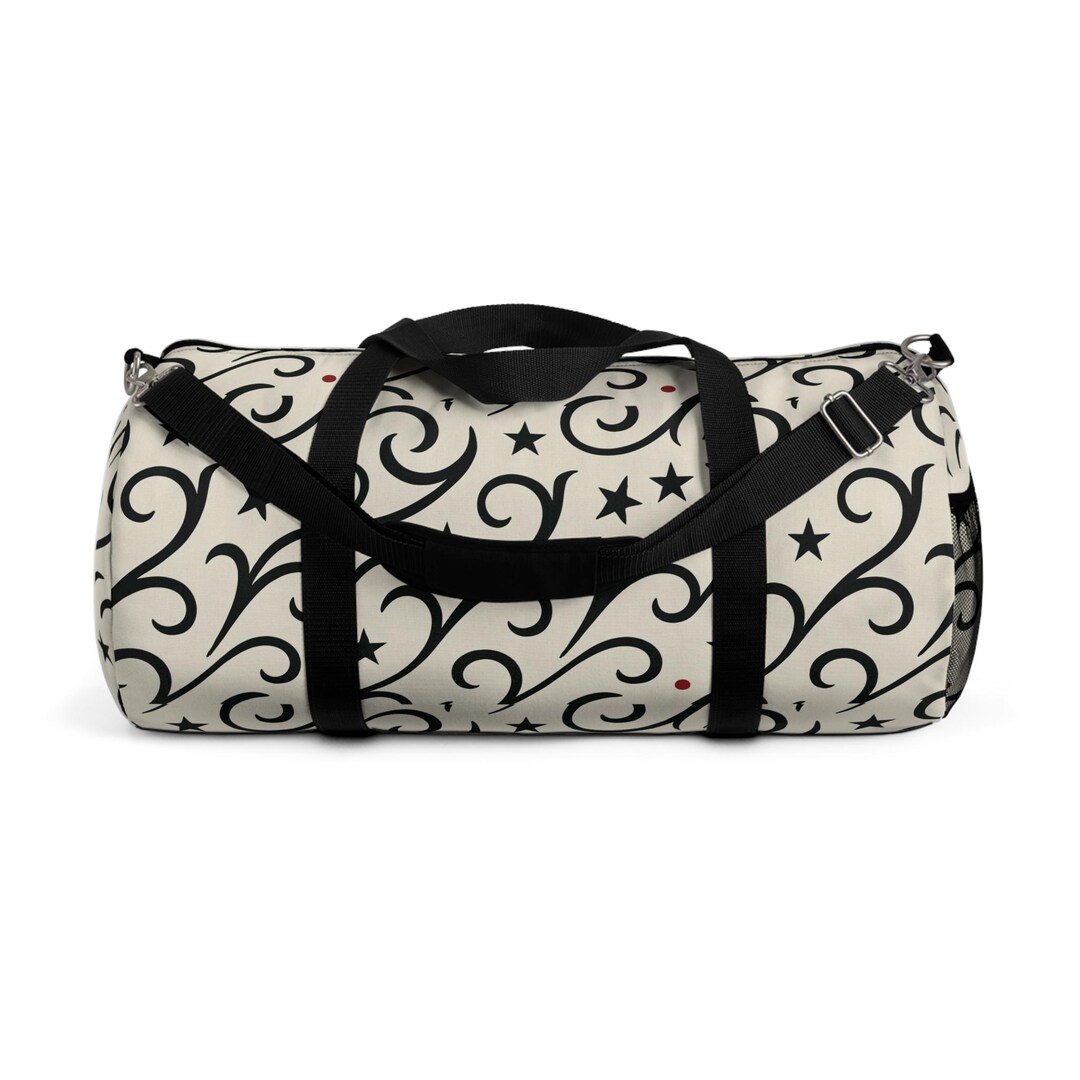 Black Scroll & Star Duffel Bag | Gothic-inspired Cream Travel Bag ...