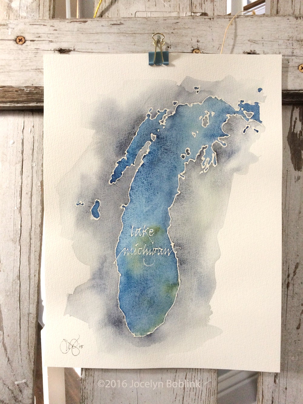 Lake Michigan, watercolor map, signed, original painting with ...