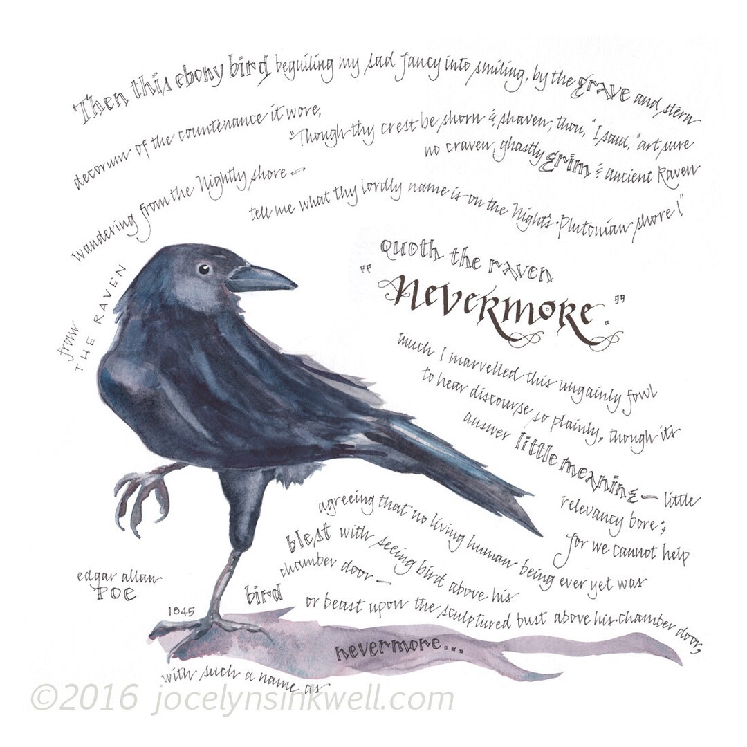 The Raven Art Print: Edgar Allan Poe Watercolor Calligraphy on Canvas ...