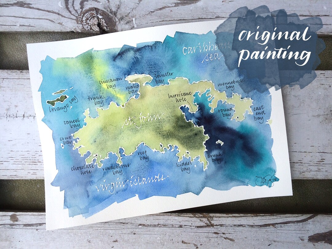 Custom Watercolor Map: Personalized Lake, Bay, Island Art (9x12" or ...