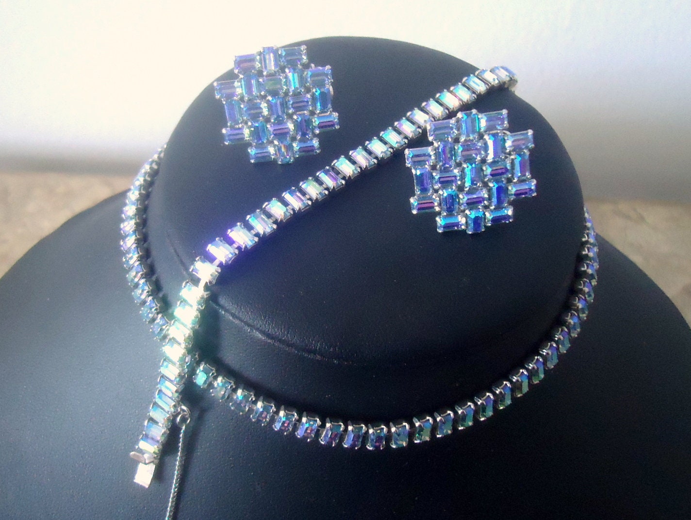 B. David Signed Blue Aurora Borealis Faceted Baguette Tennis Necklace ...