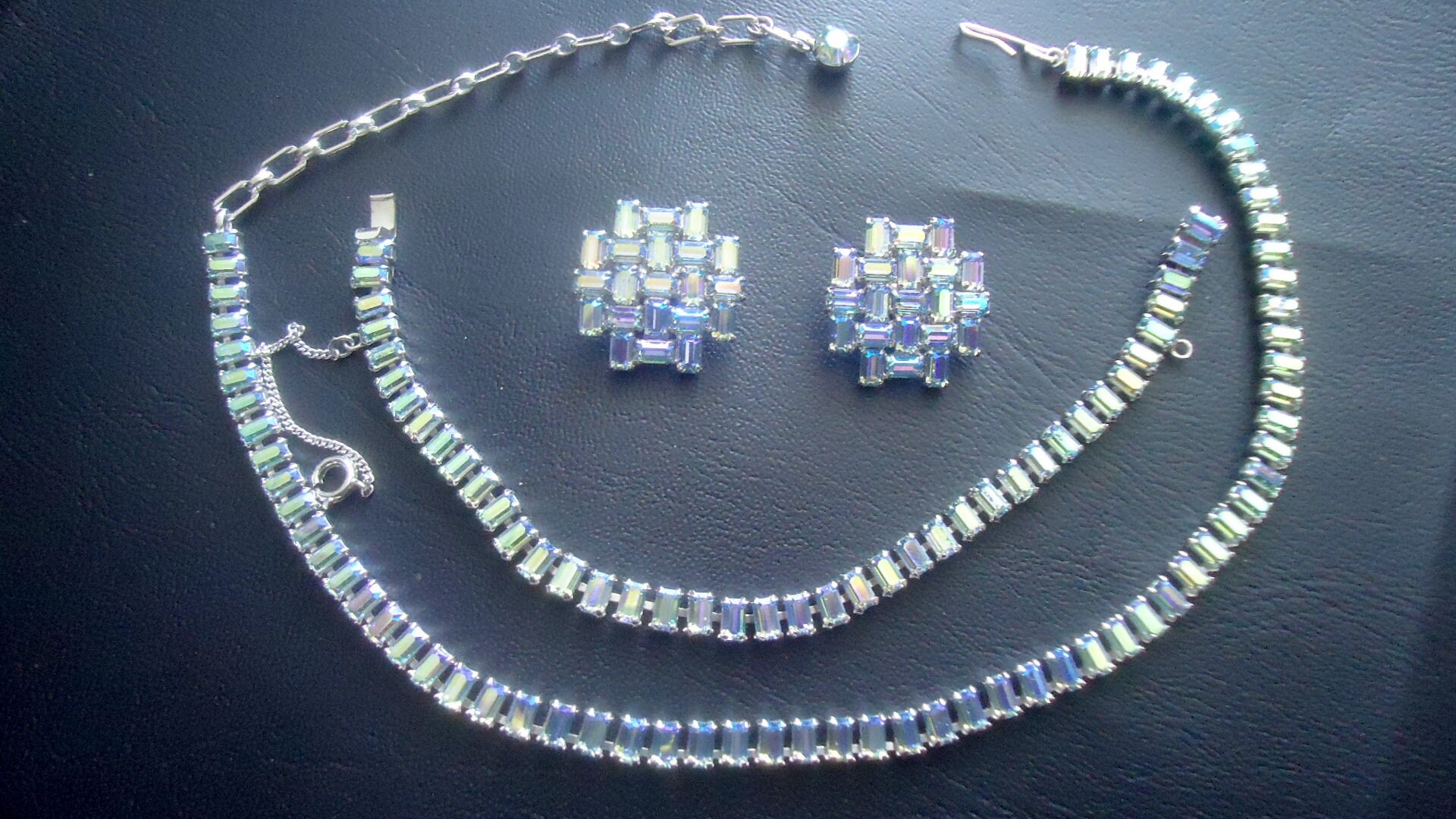 B. David Signed Blue Aurora Borealis Faceted Baguette Tennis Necklace ...