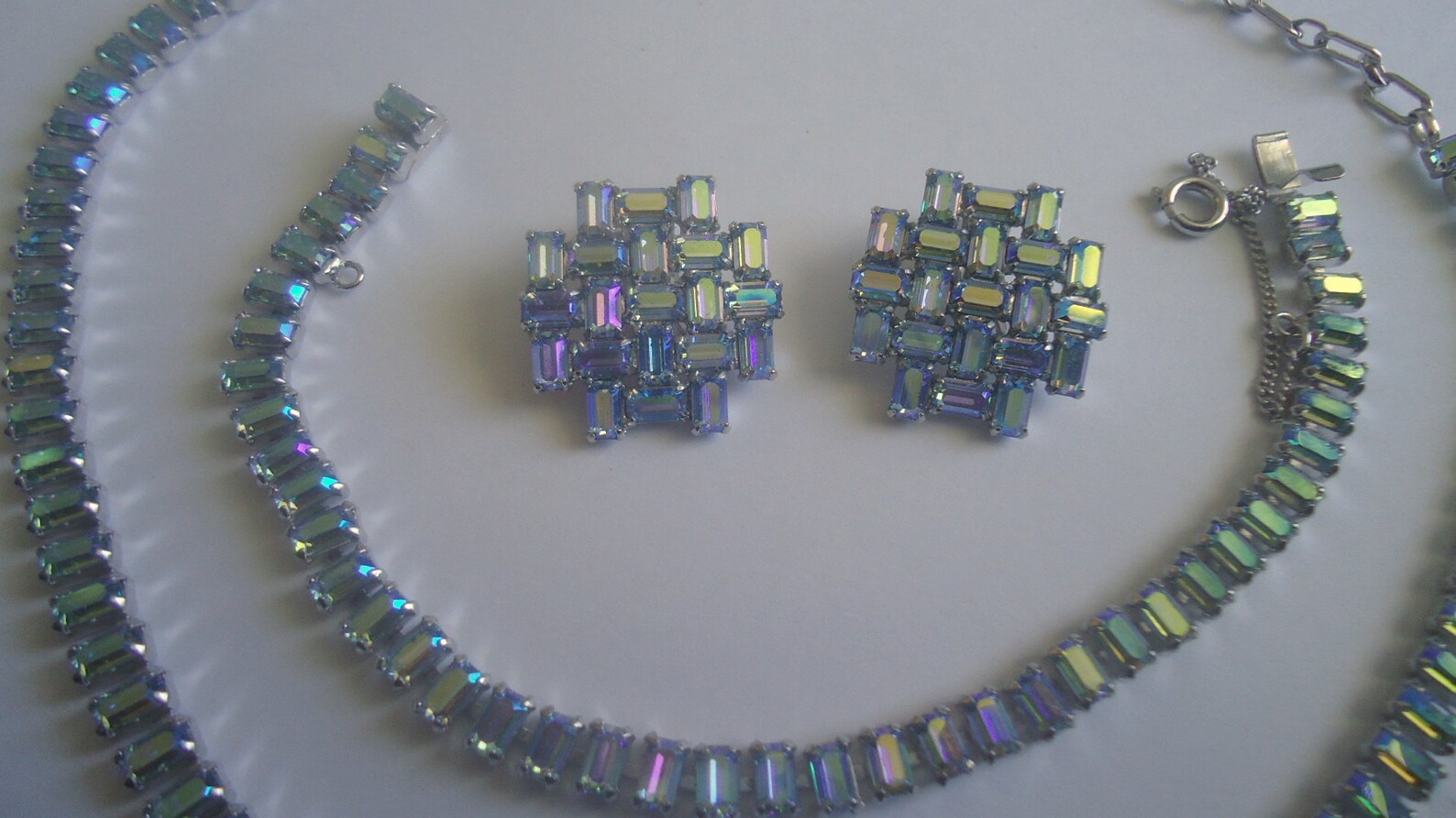 B. David Signed Blue Aurora Borealis Faceted Baguette Tennis Necklace ...