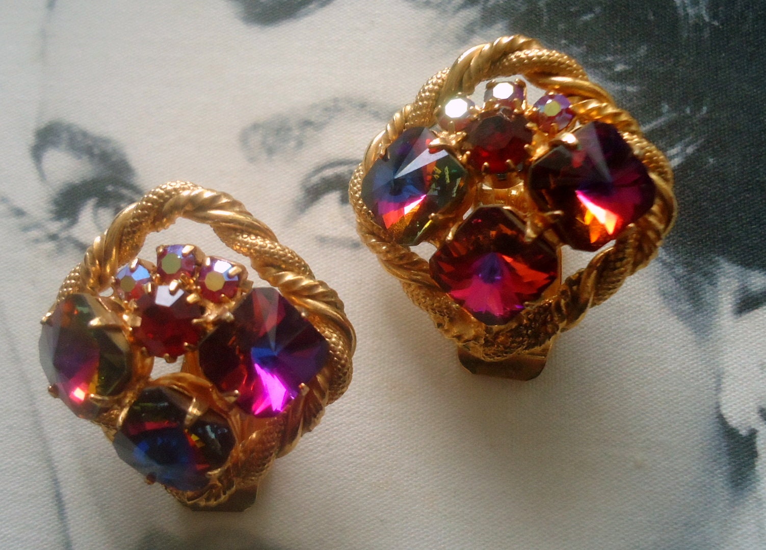 Unsigned Beauties. Square Rainbow Rivoli Art Glass Stones Set in Gold ...