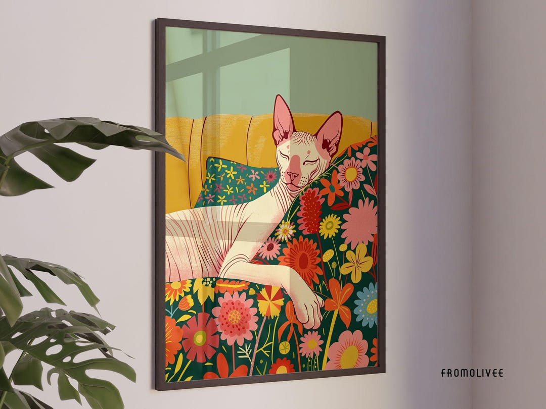 Floral Cat Nap Poster Wall Art–cat & Sofa Art | Healing Pastel ...