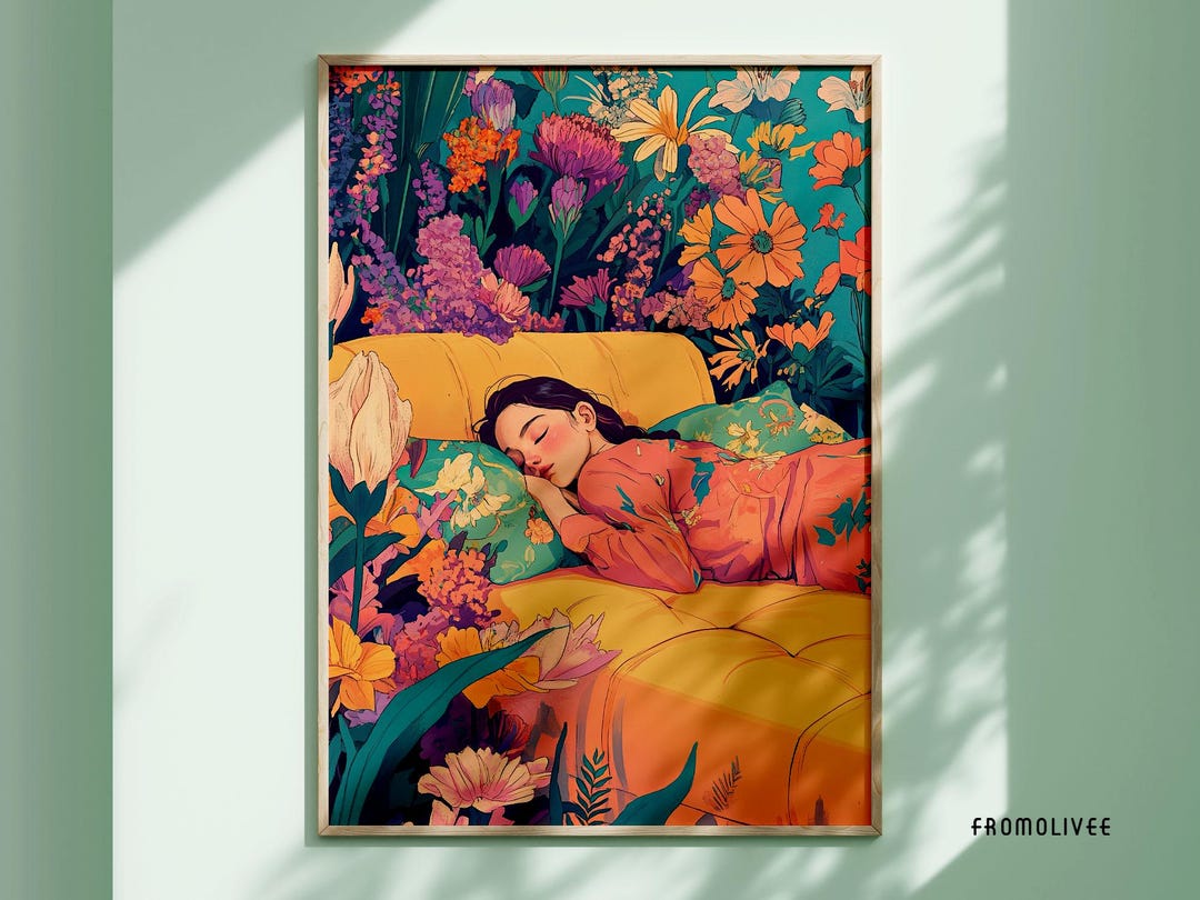 Blush Afternoon Nap Wall Art Poster, Woman Sleeping in Flower Garden ...
