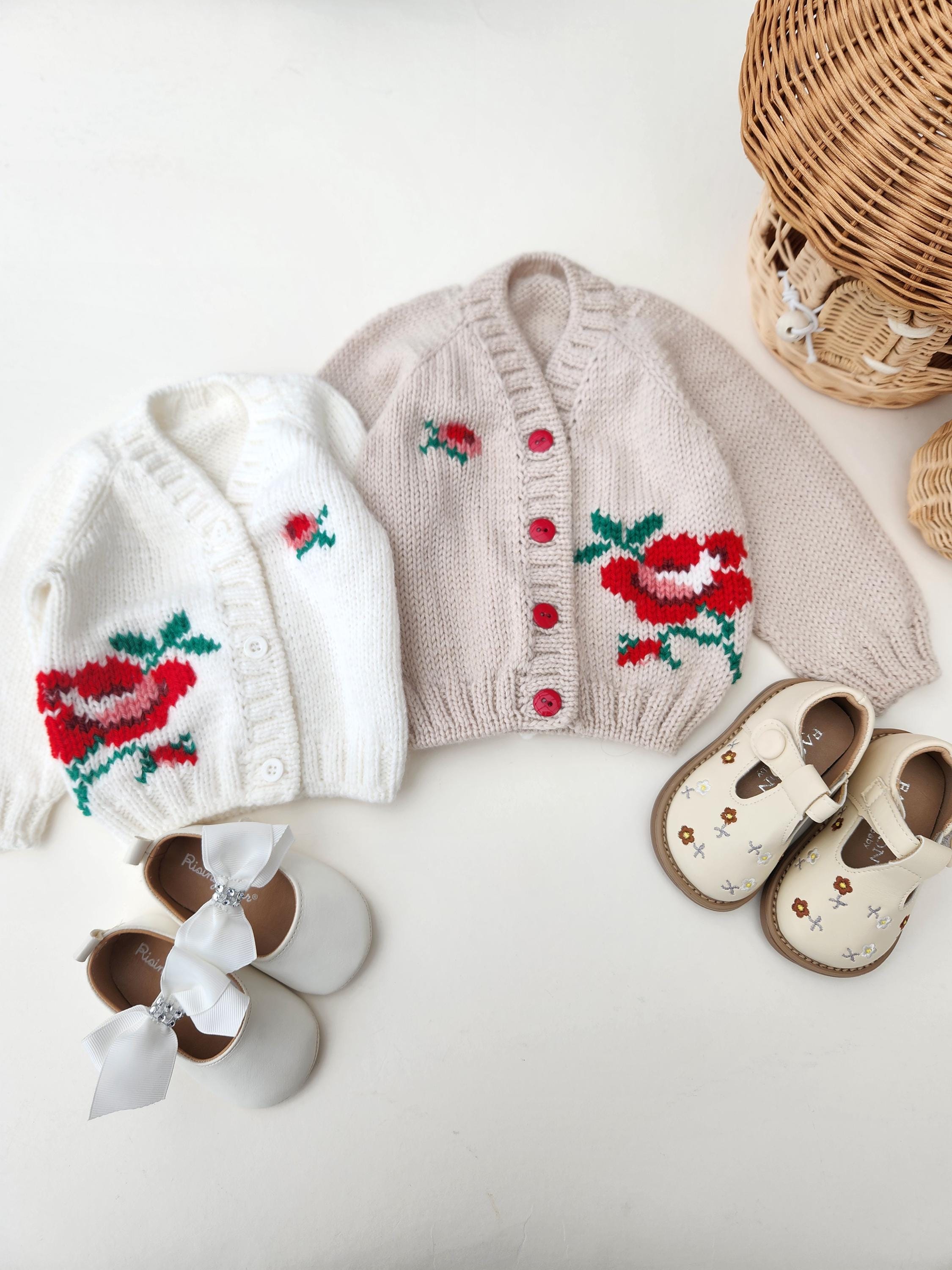 Hand Knit Rose Embroidered Baby Cardigan, Wool Blend - Etsy