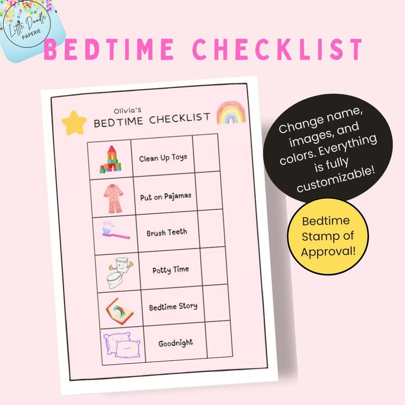 Editable Bedtime Checklist – Personalized Printable – Toddler Sleep ...