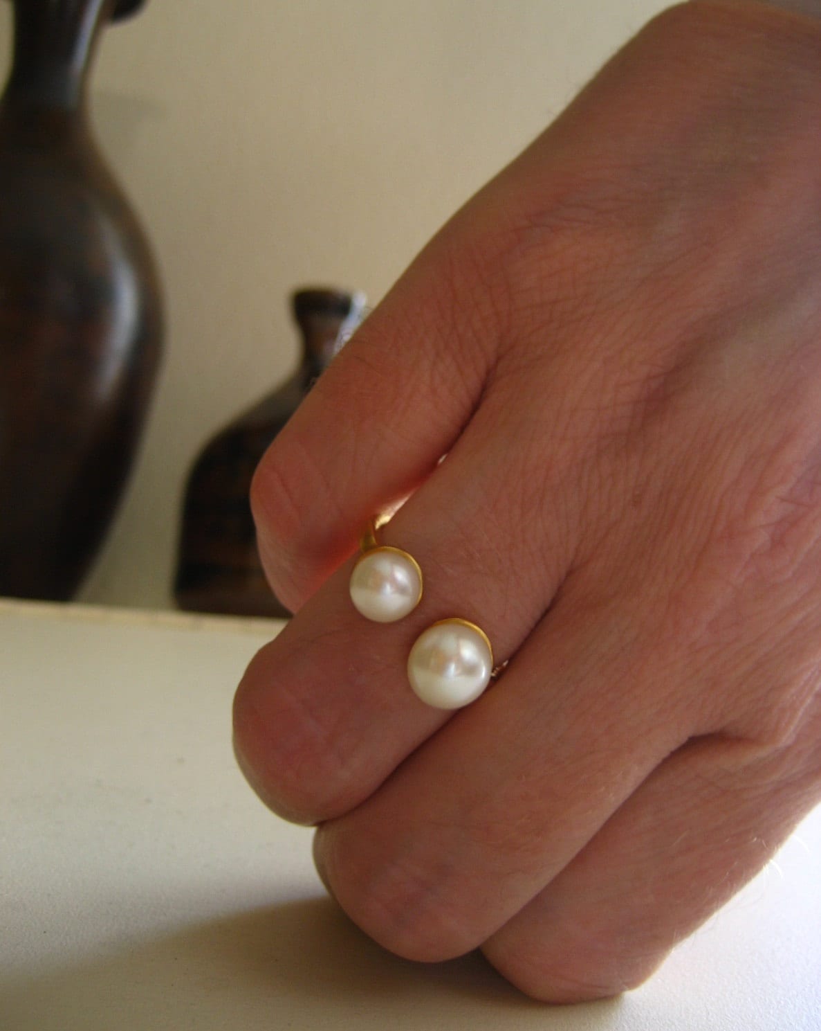 Twin Pearl Ring Solid Sterling Silver With 18k Gold Plating - Etsy