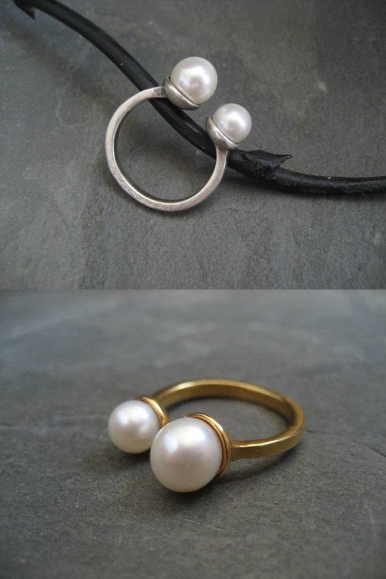 Twin Pearl Ring Solid Sterling Silver With 18k Gold Plating - Etsy