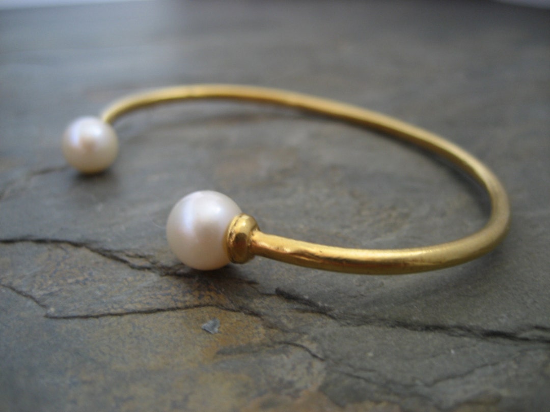Double Pearl Cuff, Cultured Pearl Bracelet, June Birthstone, Natural ...