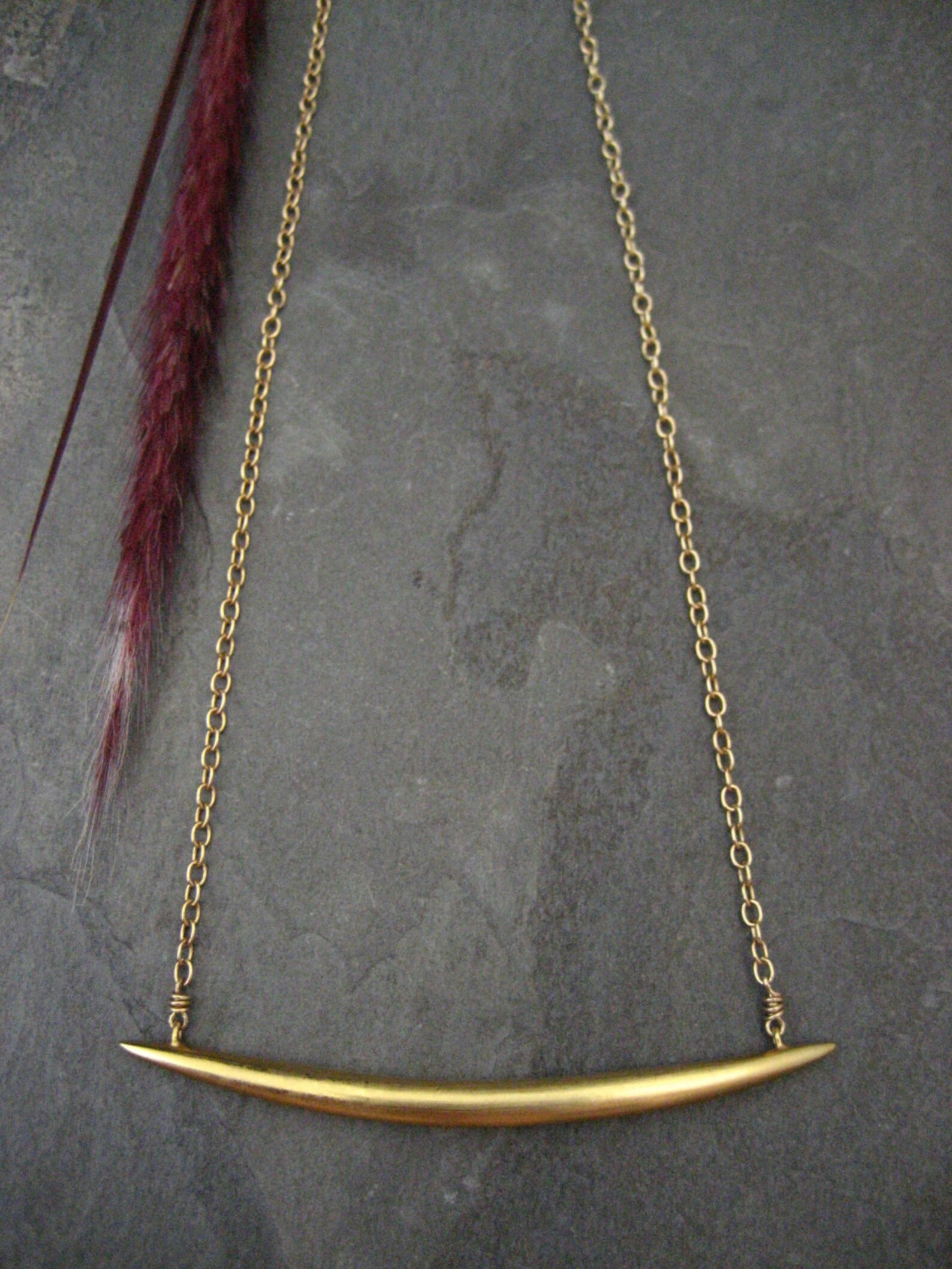 Quill Necklace, Curved Bar, Gold Quill, Curved Pendant, Crescent Shape ...