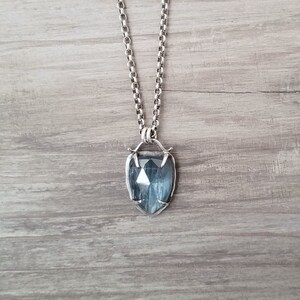 Aqua Kyanite Shield Shaped Pendant Necklace, Oxidized Silver Claw ...
