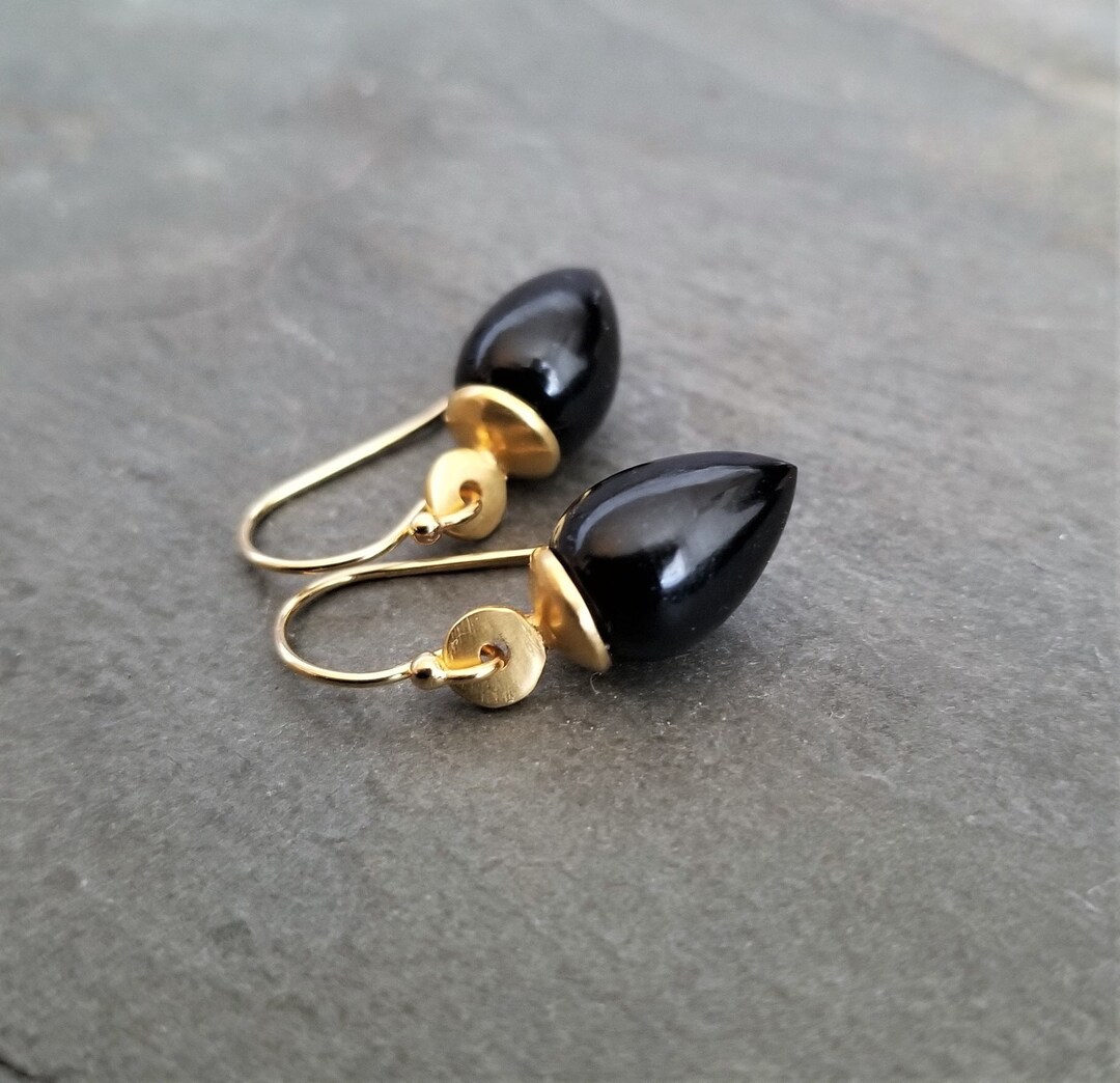 Black Onyx Inverted Teardrop Dangle Earrings: Gold Cap - Etsy