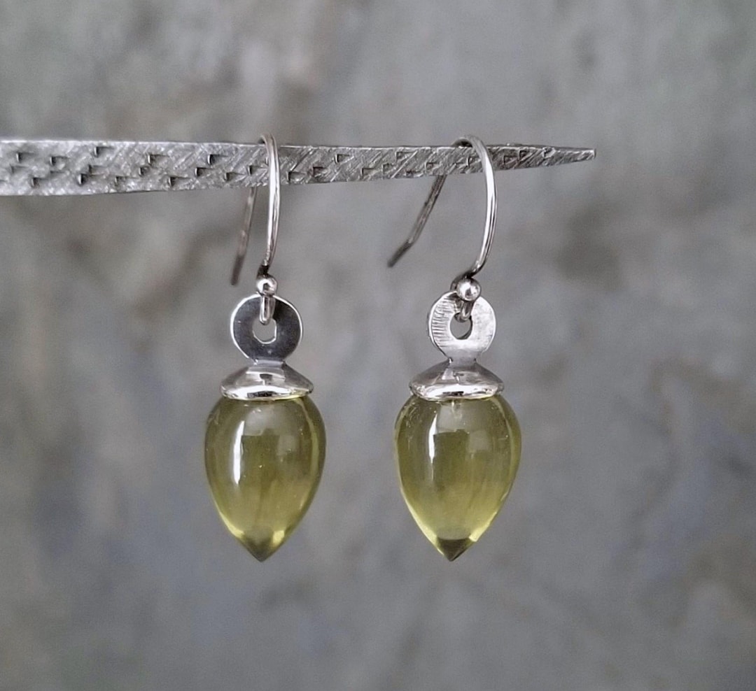 Olive Quartz Inverted Teardrop Dangle Earrings, Oxidized Silver Cap and ...