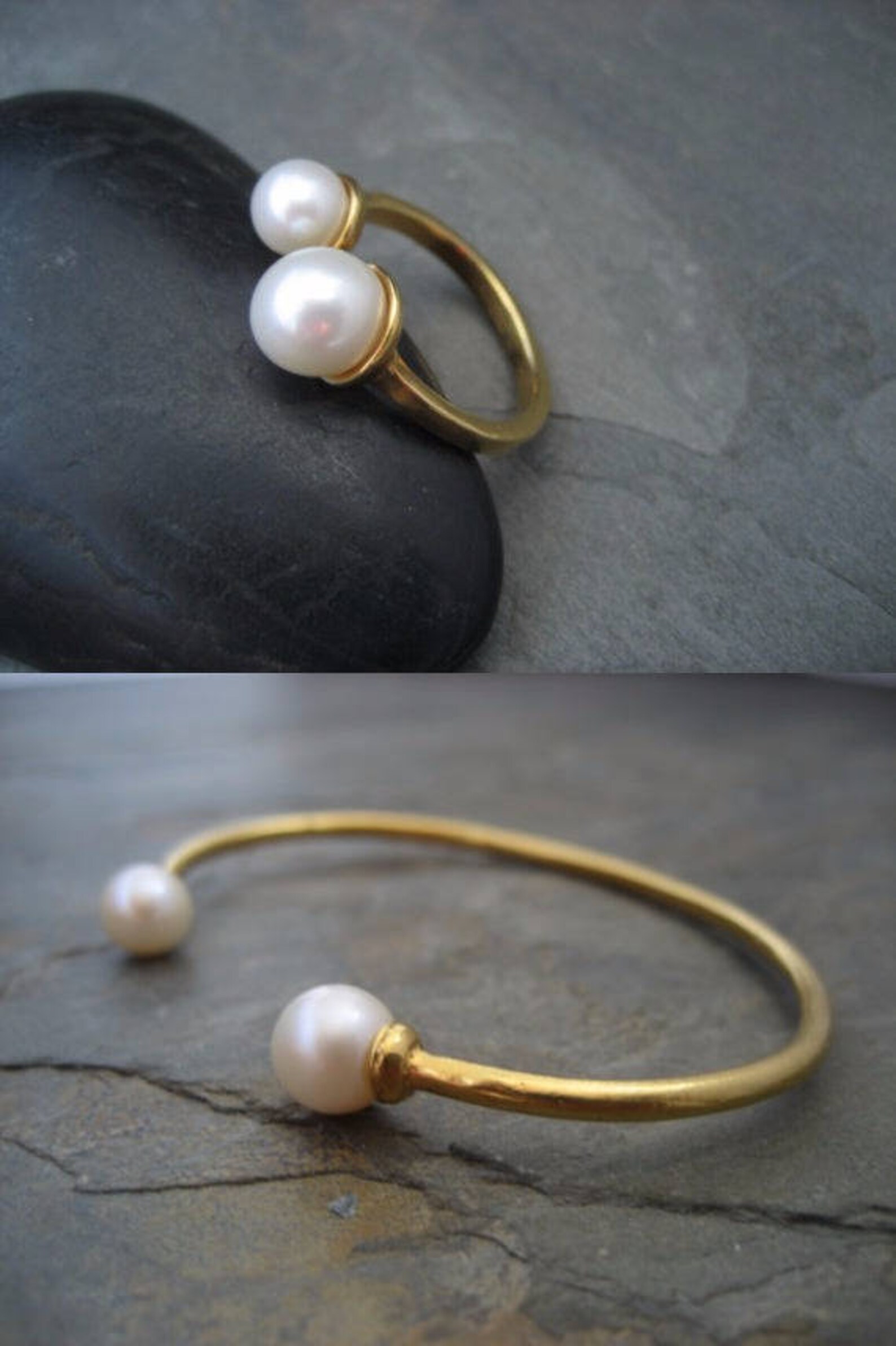 Twin Pearl Ring Solid Sterling Silver With 18k Gold Plating - Etsy