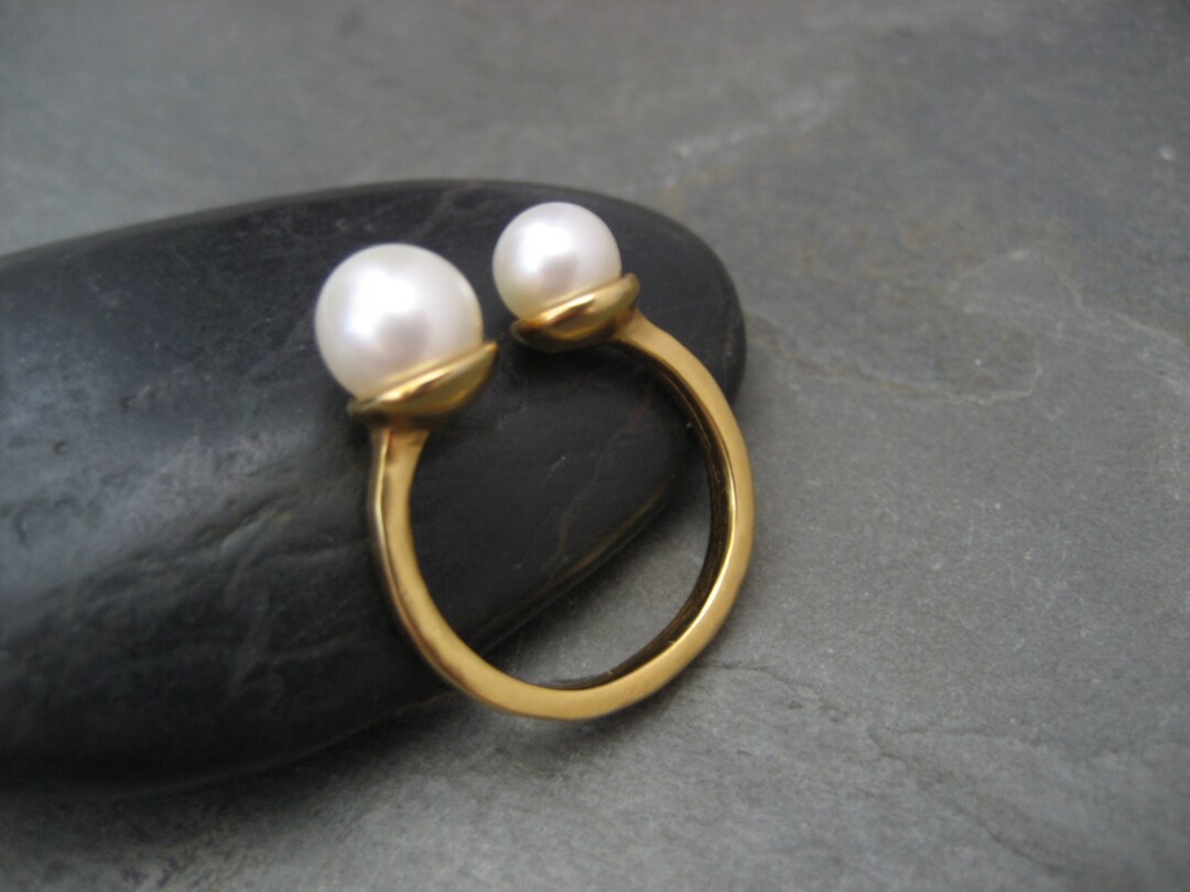 Twin Pearl Ring - Solid Sterling Silver With 18k Gold Plating and 2 ...
