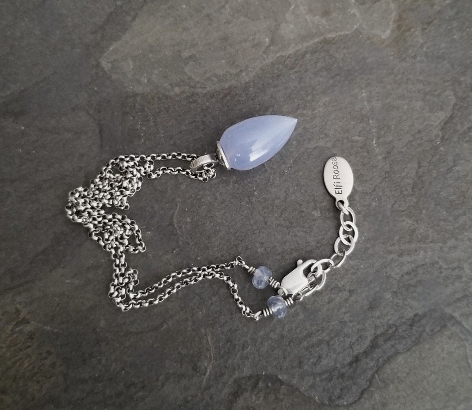 Blue Chalcedony Inverted Teardrop Necklace With Oxidized Silver Rolo ...