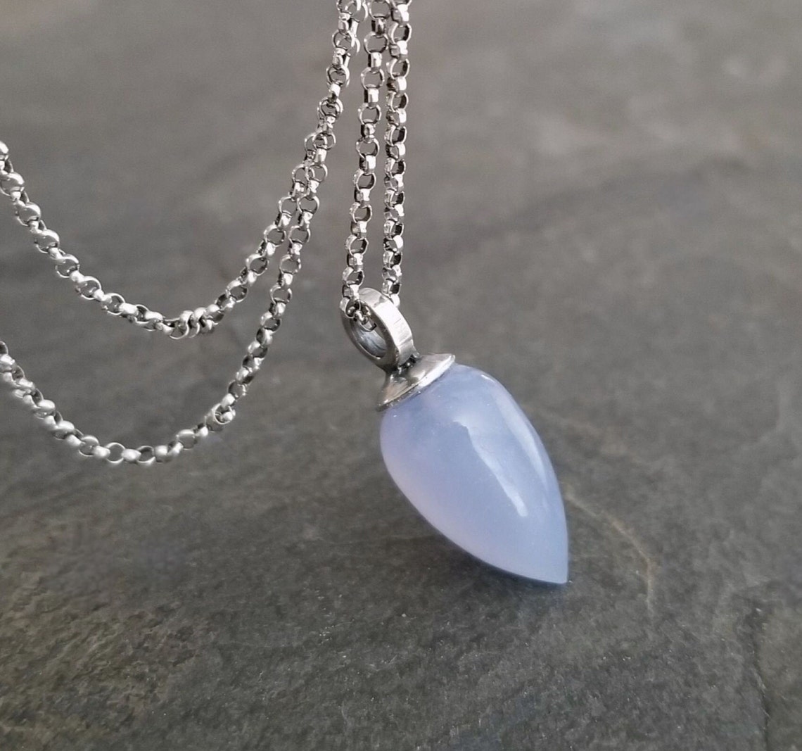 Blue Chalcedony Inverted Teardrop Necklace With Oxidized Silver Rolo ...
