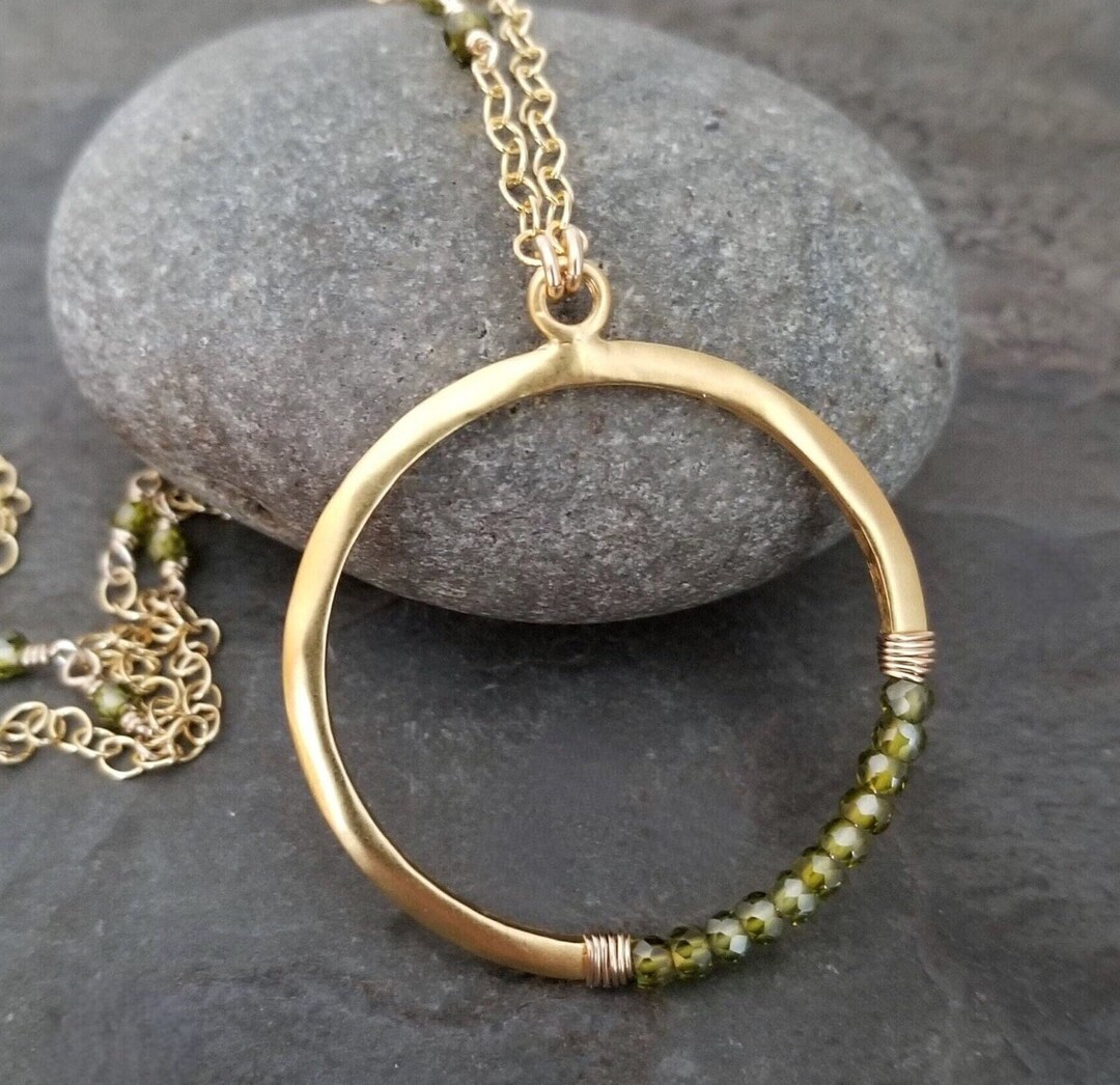 Olive Green Vesuvianite Circle Necklace, Gold Crescent Pendant With ...