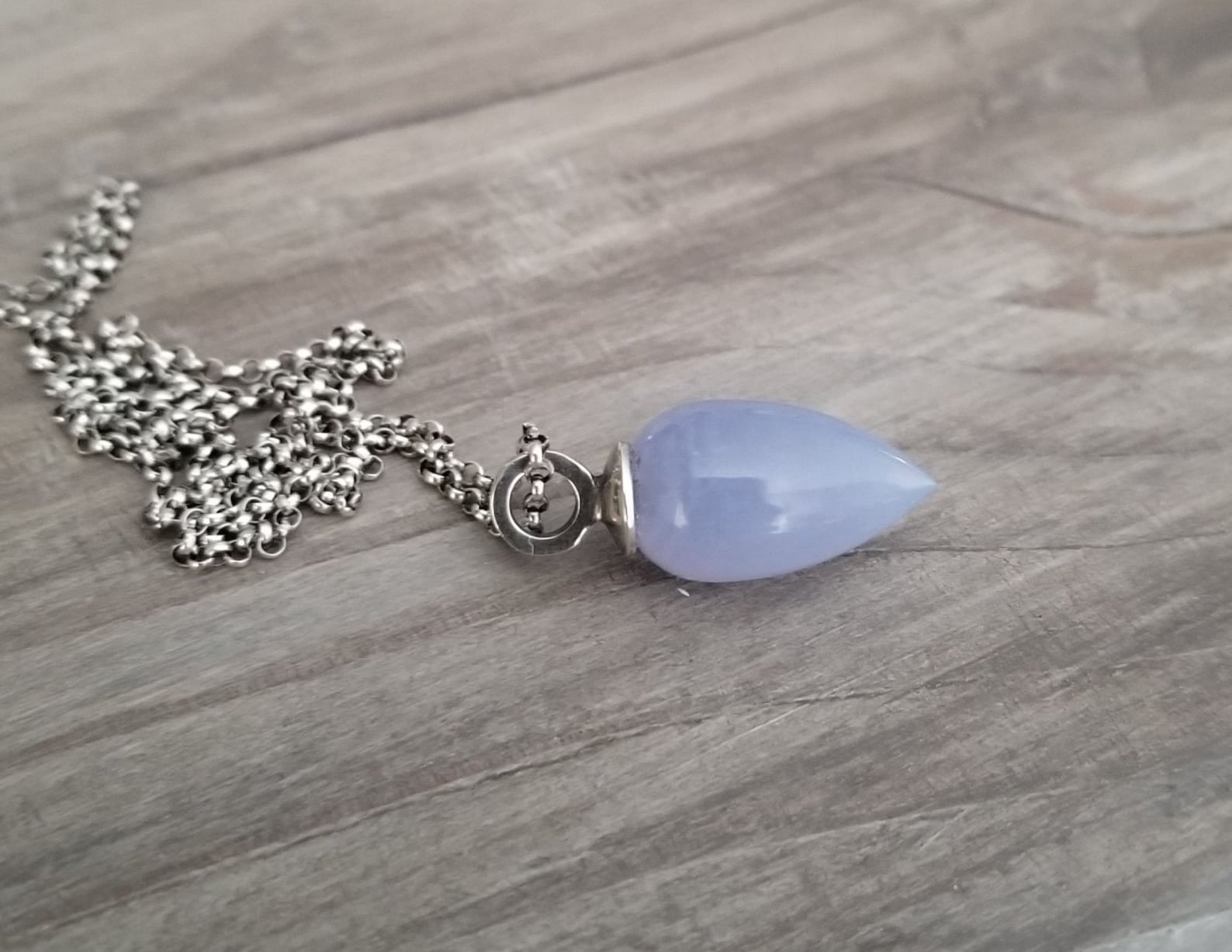Blue Chalcedony Inverted Teardrop Necklace With Oxidized Silver Rolo ...