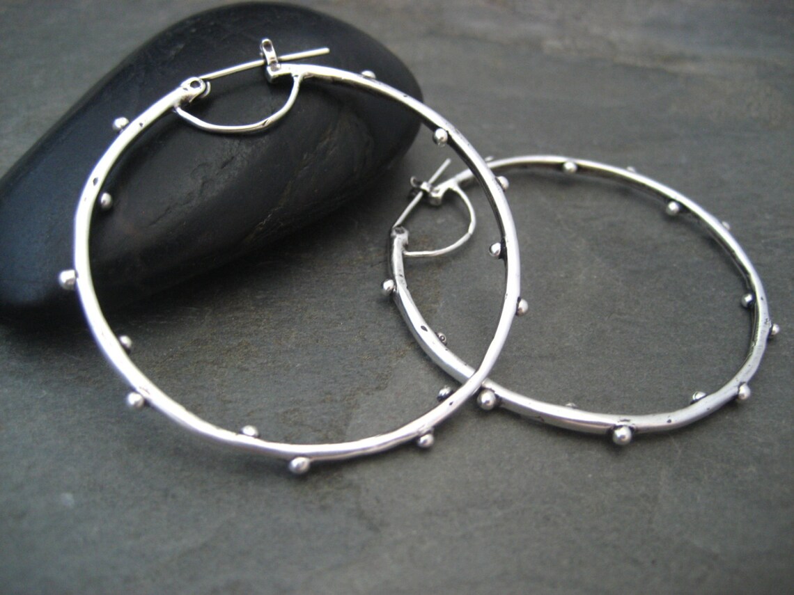 Silver Hoop Earrings, Round Medium Hoops, Dotted Hoop Earrings, Circle ...