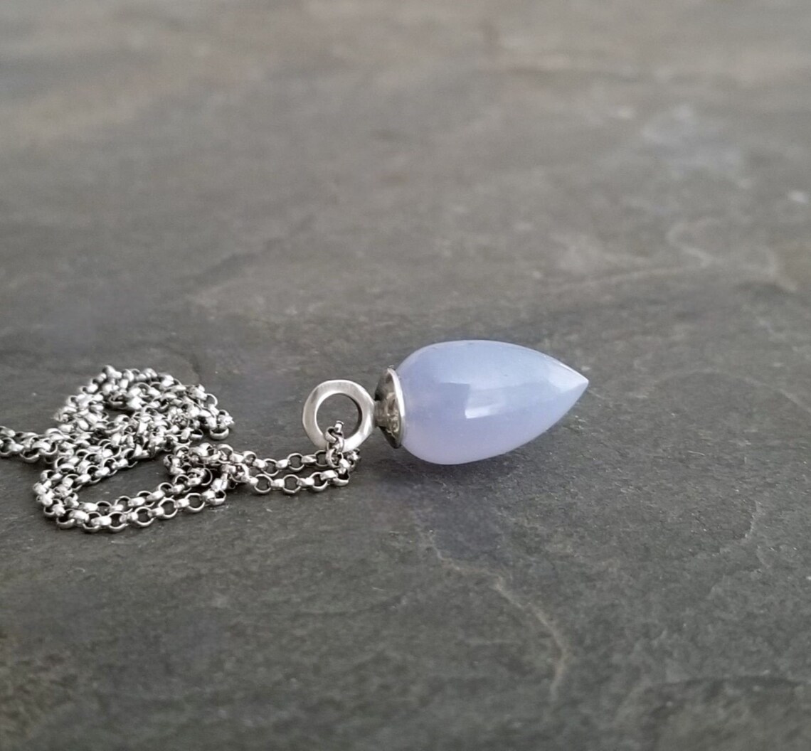 Blue Chalcedony Inverted Teardrop Necklace With Oxidized Silver Rolo ...