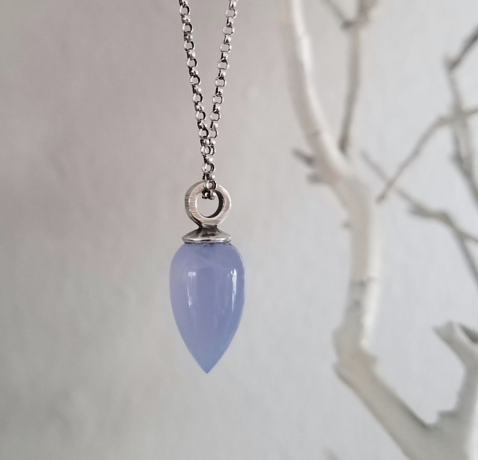 Blue Chalcedony Inverted Teardrop Necklace With Oxidized Silver Rolo ...