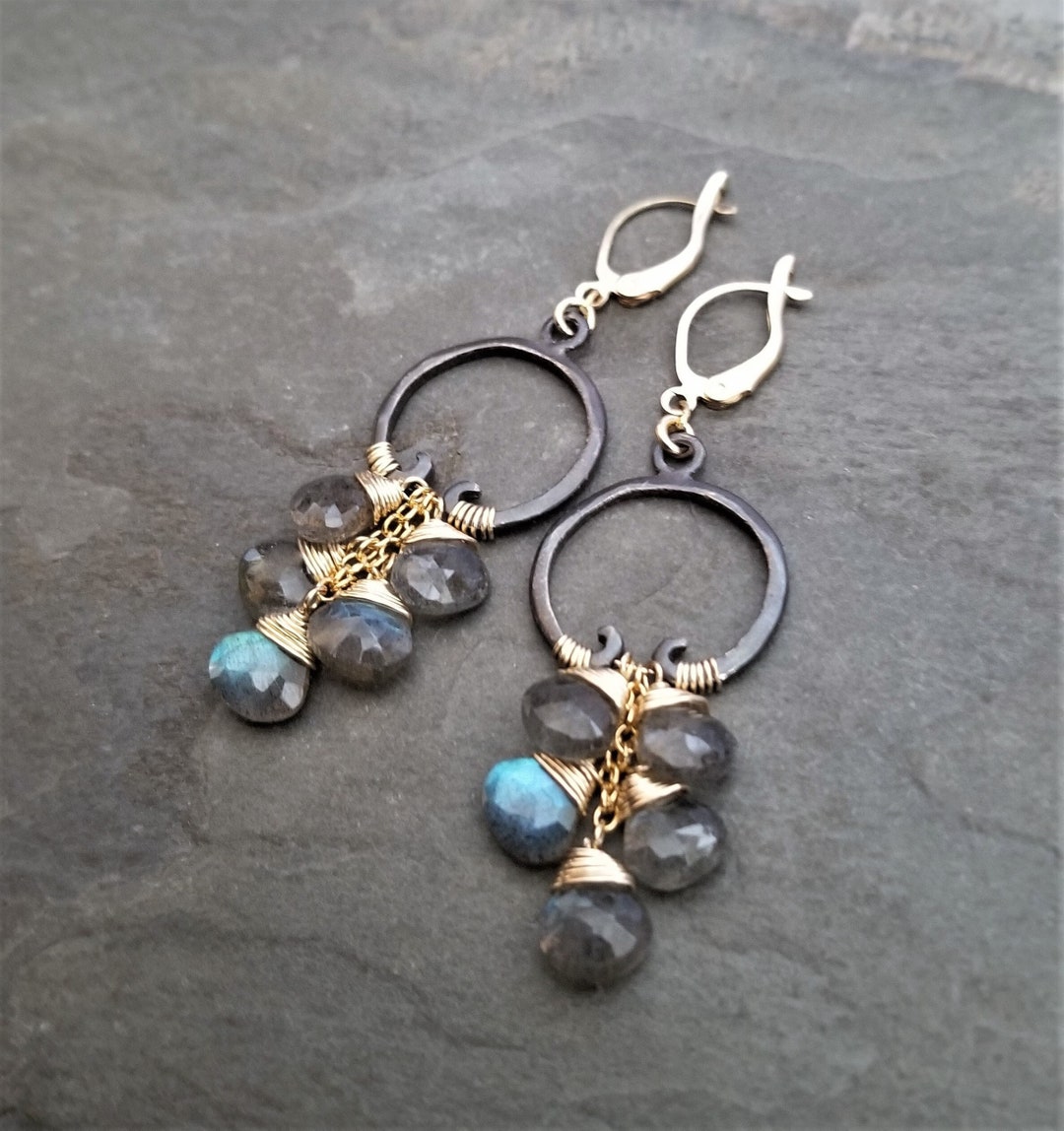 Labradorite Dangle Earrings, Long Cascading Cluster Briolette Drops ...