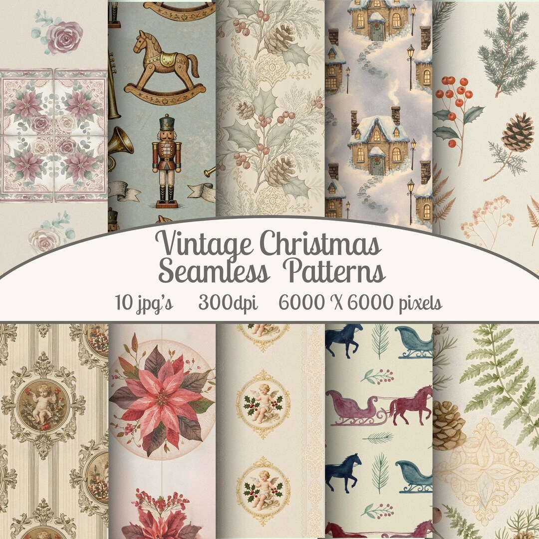 Vintage Christmas Papers Set, Holidays Scrapbook Bundle, Digital ...