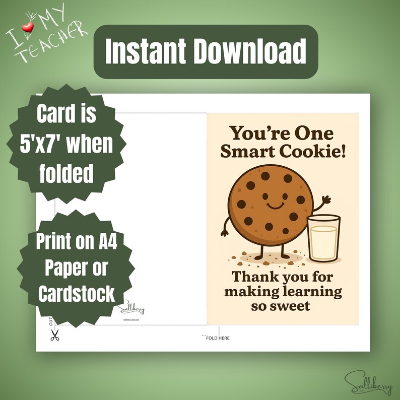 Printable Thank You Teacher Card: Smart Cookie Gift (digital Download ...