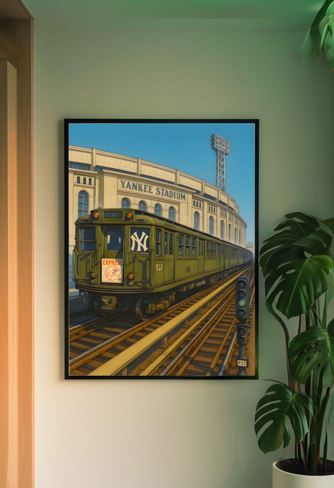 Yankee Stadium Art Print – Retro NYC Train & Baseball Stadium Art, New ...